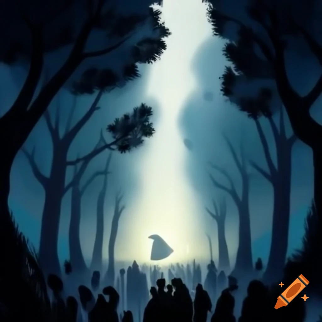 Whimsical folk art of white aura wisp amidst crowd and trees on Craiyon