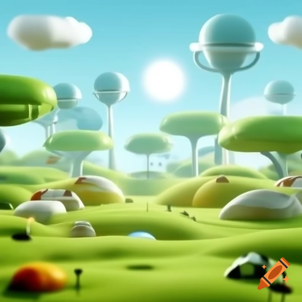 Vivid 3D cartoon alien landscape with sunlit trees and animals on Craiyon