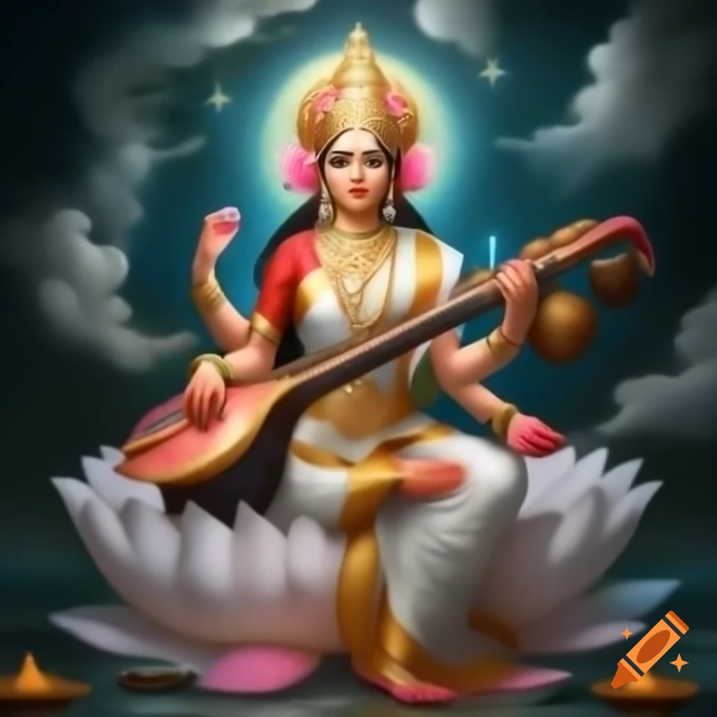 Divine depiction of Goddess Saraswati in white saree with golden ...