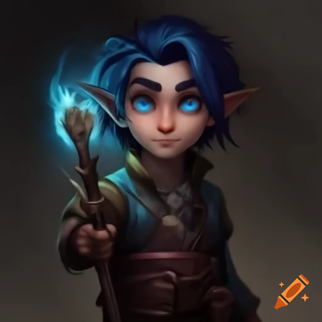 Youthful gnome wizard with blue hair and clockwork staff, surrounded by ...
