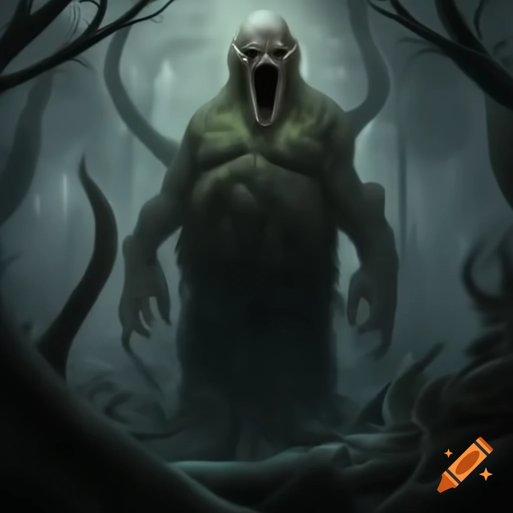 The Emptarch, a towering skeletal figure entwined with vines on Craiyon