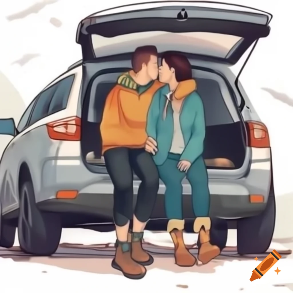 Couple sharing intimate moment under SUV tailgate while wearing hiking ...