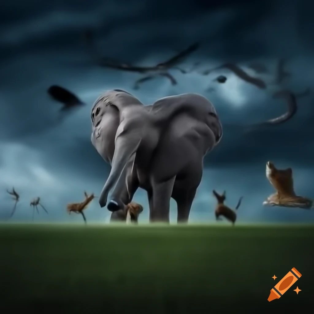 Animals fleeing under dark stormy sky with heavy winds and pouring rain ...