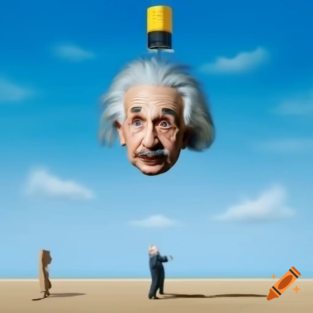 Surreal representation of einstein's head floating against blue sky with a fuse ignited by a ...
