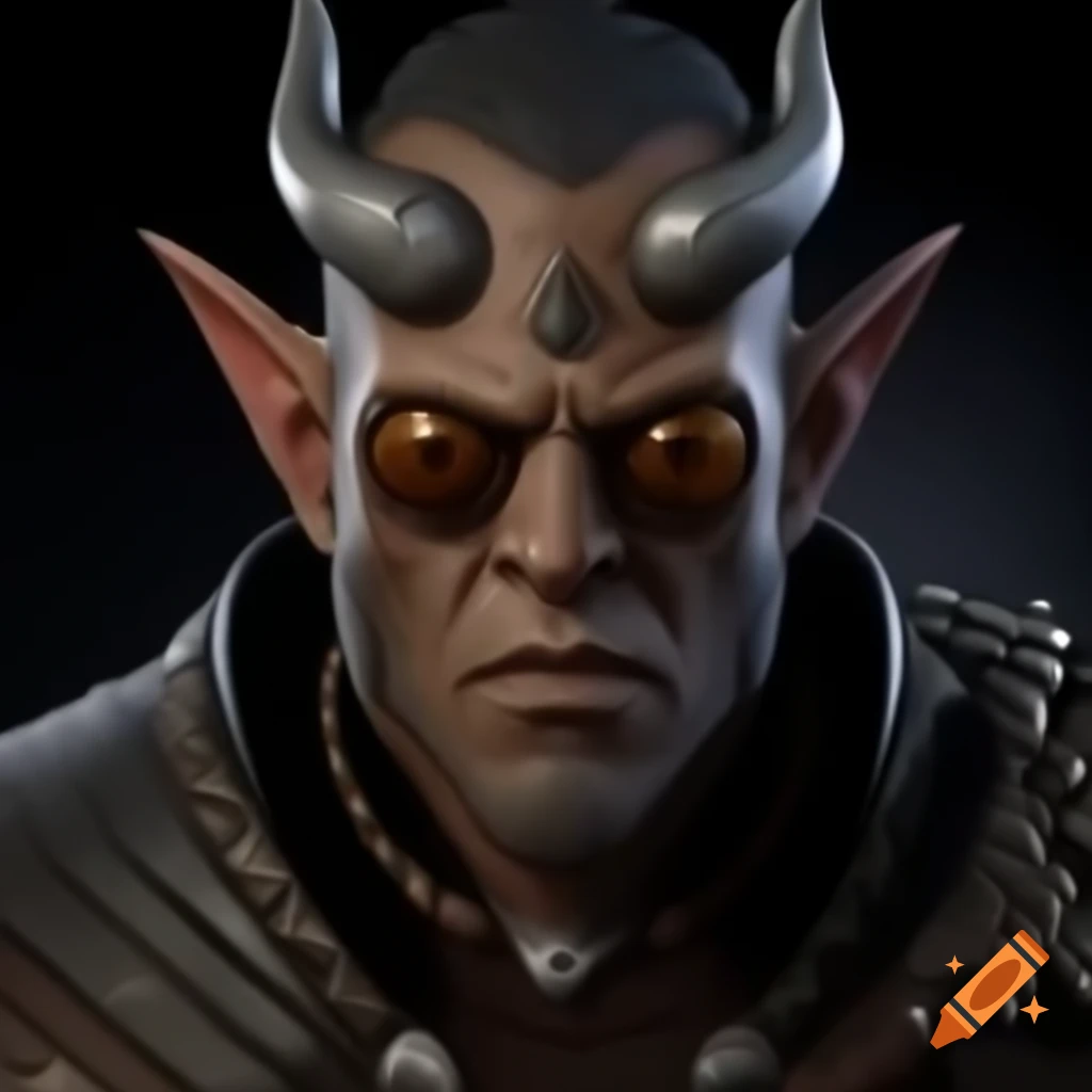 Close-up portrait of a fictional fantasy creature with gray skin and ...