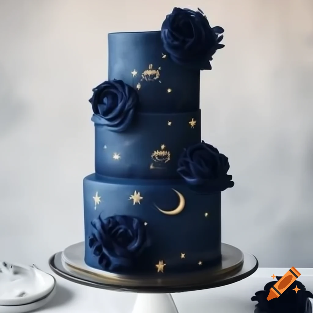 Celestial two-tiered wedding cake with dark blue frosting and golden stars on Craiyon