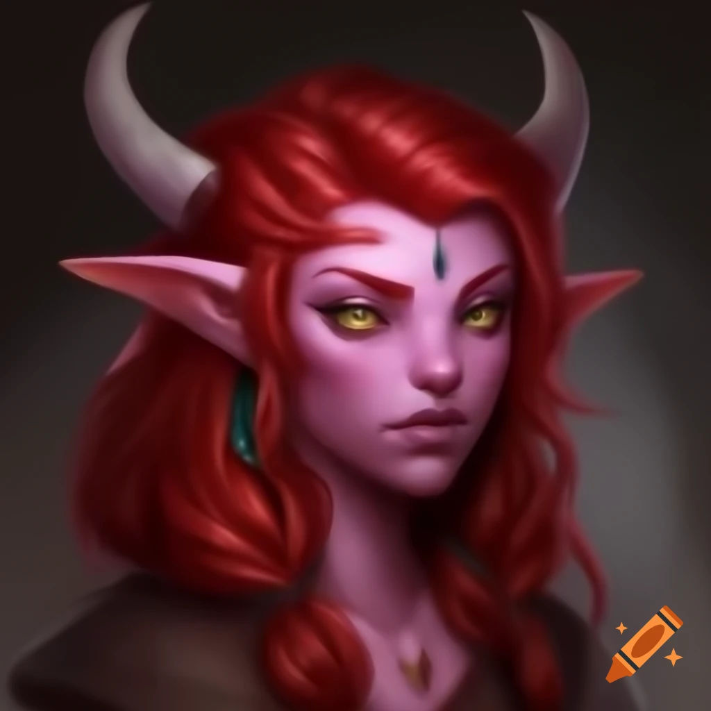 Pale pink-skinned tiefling rogue with red hair and curved horns, D&D ...