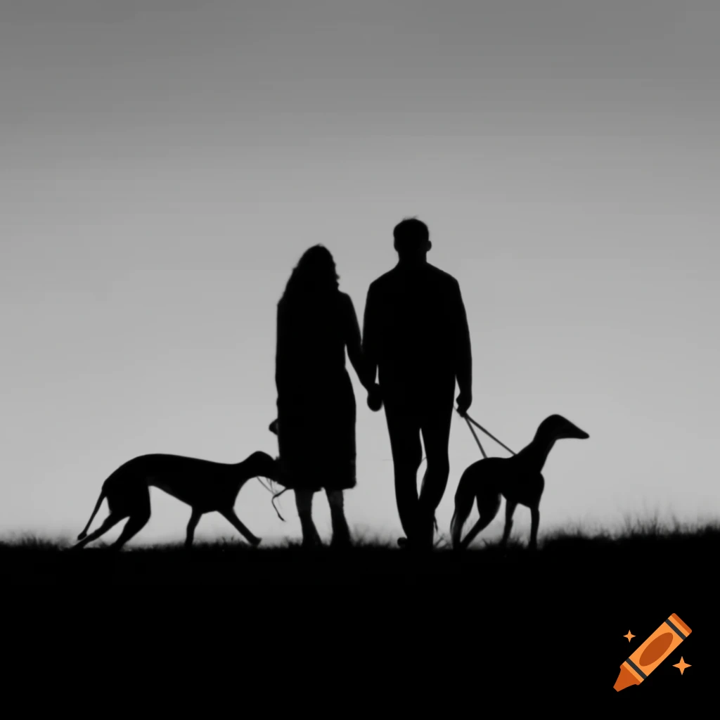 Silhouette of couple walking with greyhound dog on Craiyon