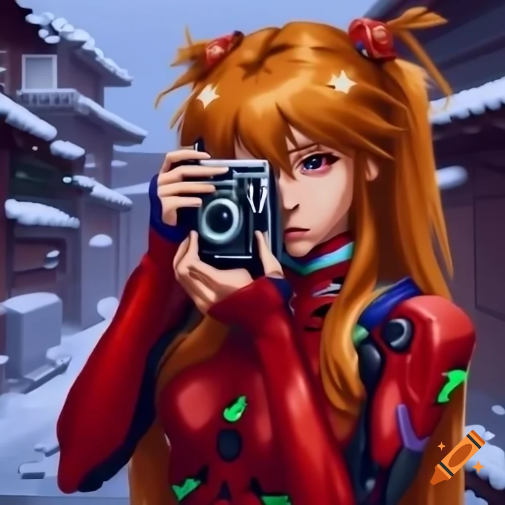 Cosplay of asuka langley holding polaroid camera in snowy japanese town ...