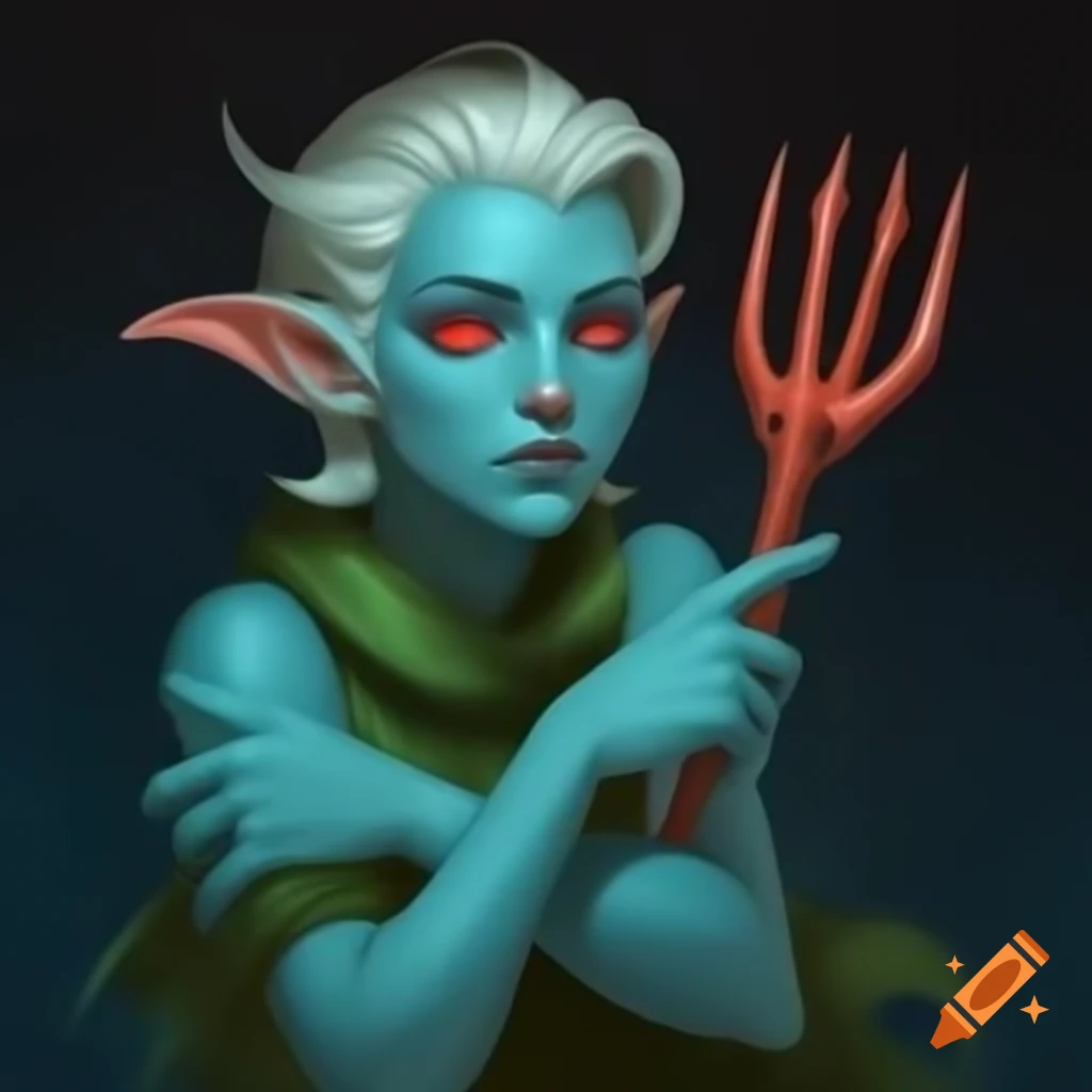 Sea elf with teal skin and trifork, representing power and lineage on ...