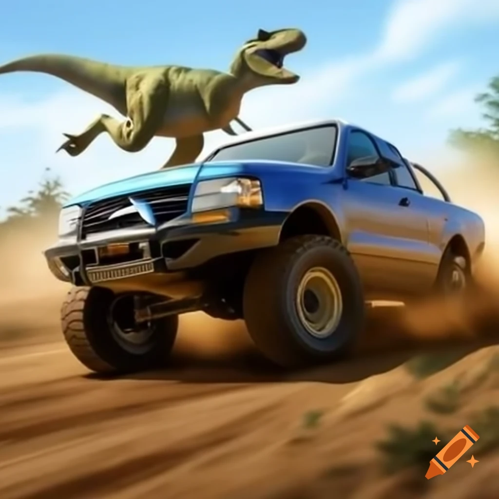 Dinosaur driving 1999 Ford Ranger off dirt jump on Craiyon