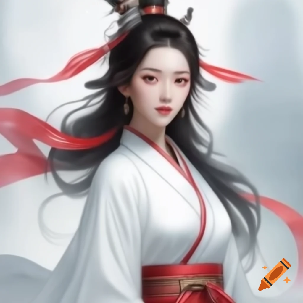 Portrait of ancient beauty in white robe with hair accessories and red ...