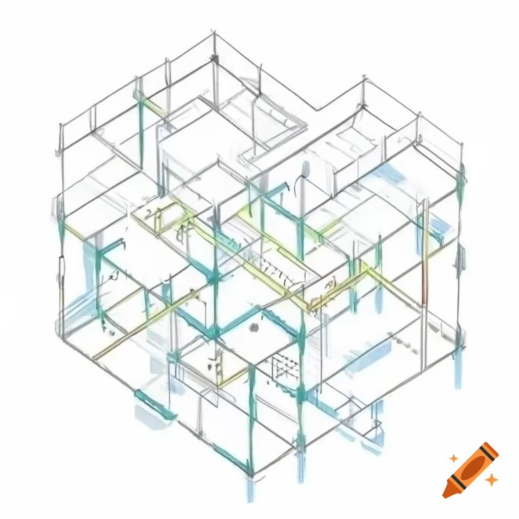 Detailed pencil sketch of water installation network in multi-family ...