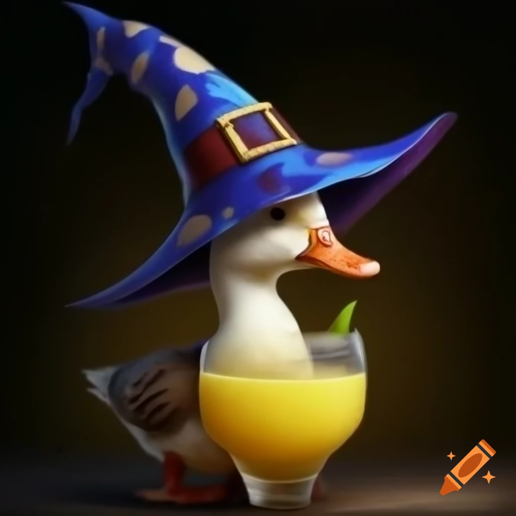 Dapper duck in wizard hat enjoying yellow cocktail on Craiyon