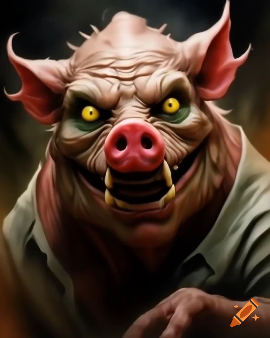 Scary red-green pig monster with yellow eyes and diabolic grin on Craiyon