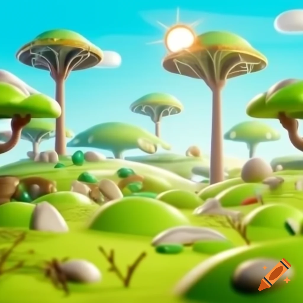 Vivid 3D cartoon alien landscape with sunlit trees and animals on Craiyon