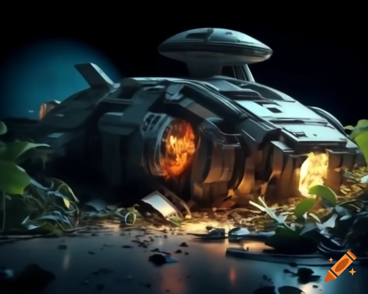 Crashed high-tech spaceship with open door and glowing panel, surrounded by plants on Craiyon