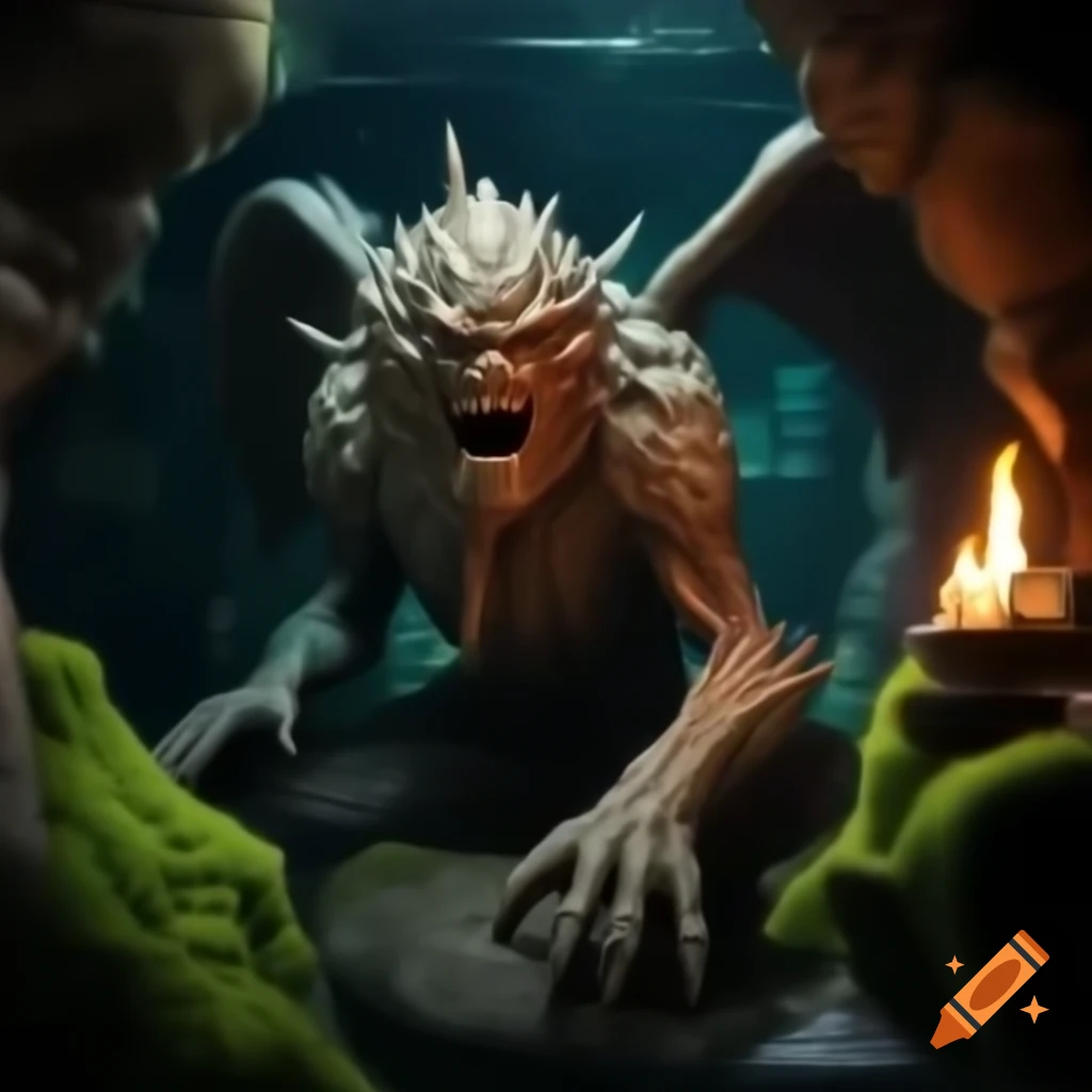 Aquatic humanoid stone creature in underground cavern with flaming ...