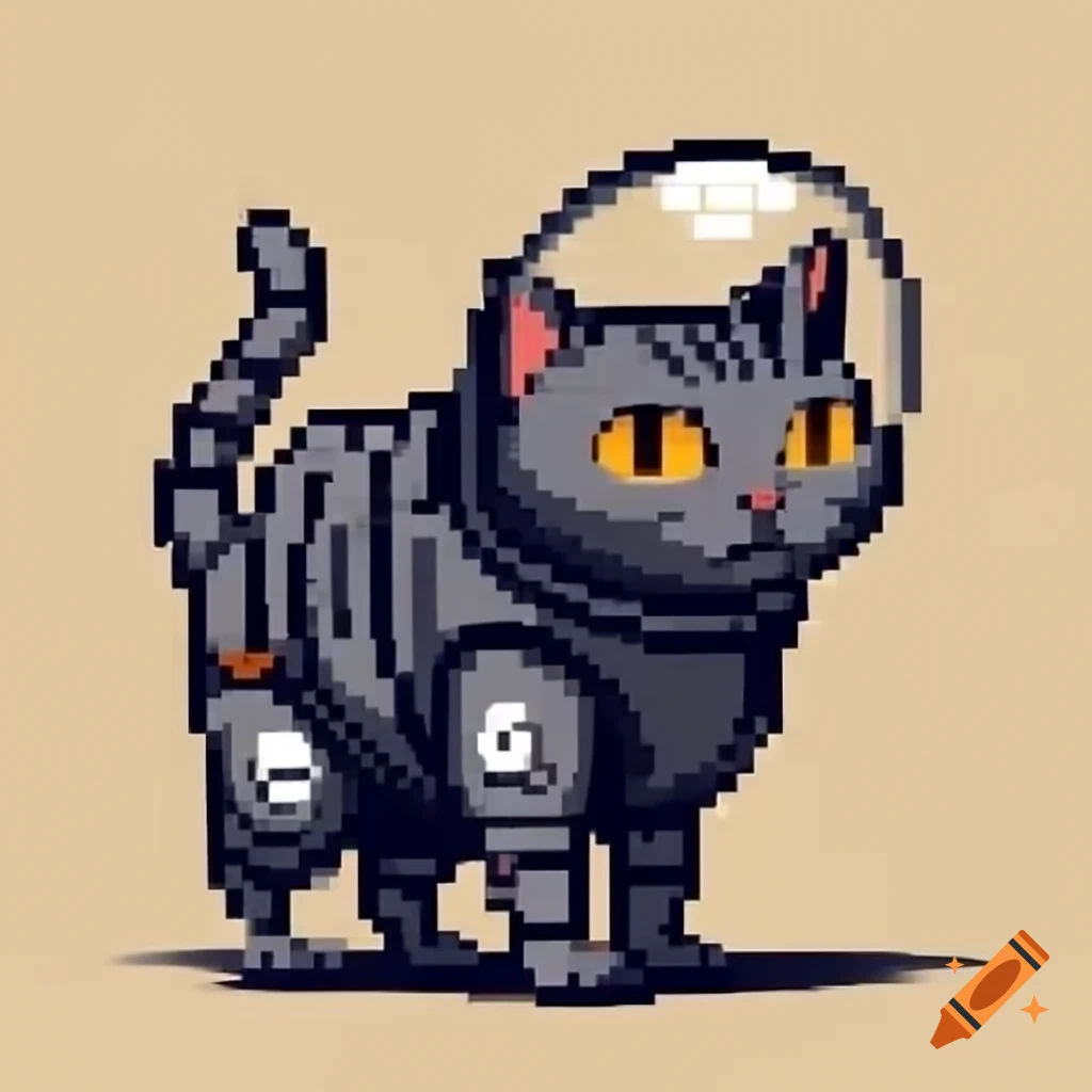 8-bit pixel art cat in black and white, inspired by space invaders on ...