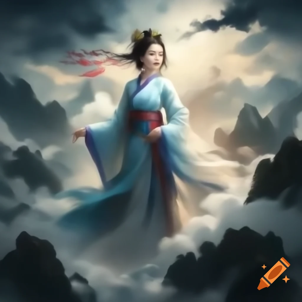 Beautiful Chinese woman in Hanfu flying among ethereal clouds and mysterious mountains on Craiyon