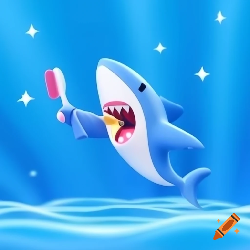 Tooth-brushing shark superhero teaching sea creatures dental hygiene on ...