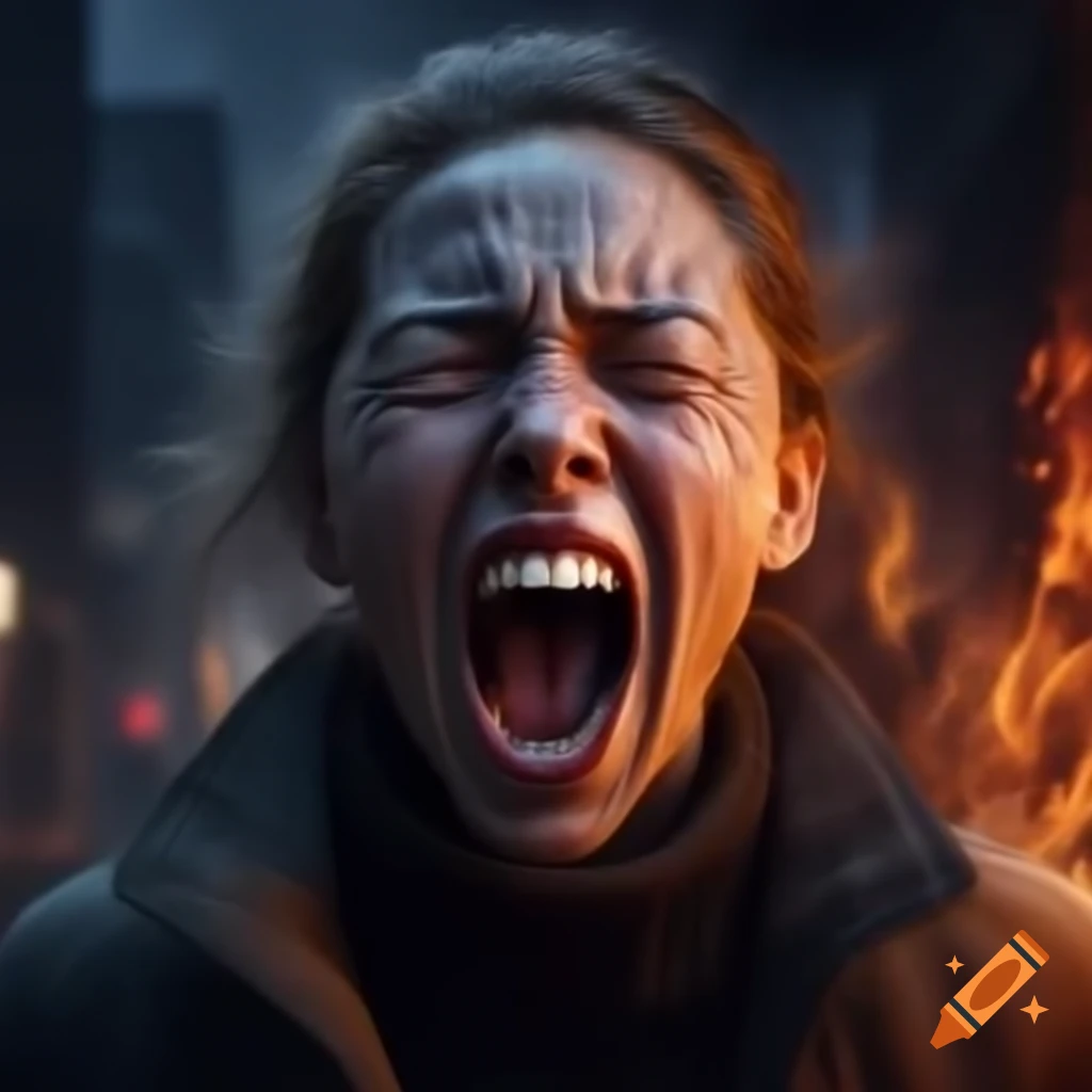 Woman screaming and crying in a burning dark city on Craiyon