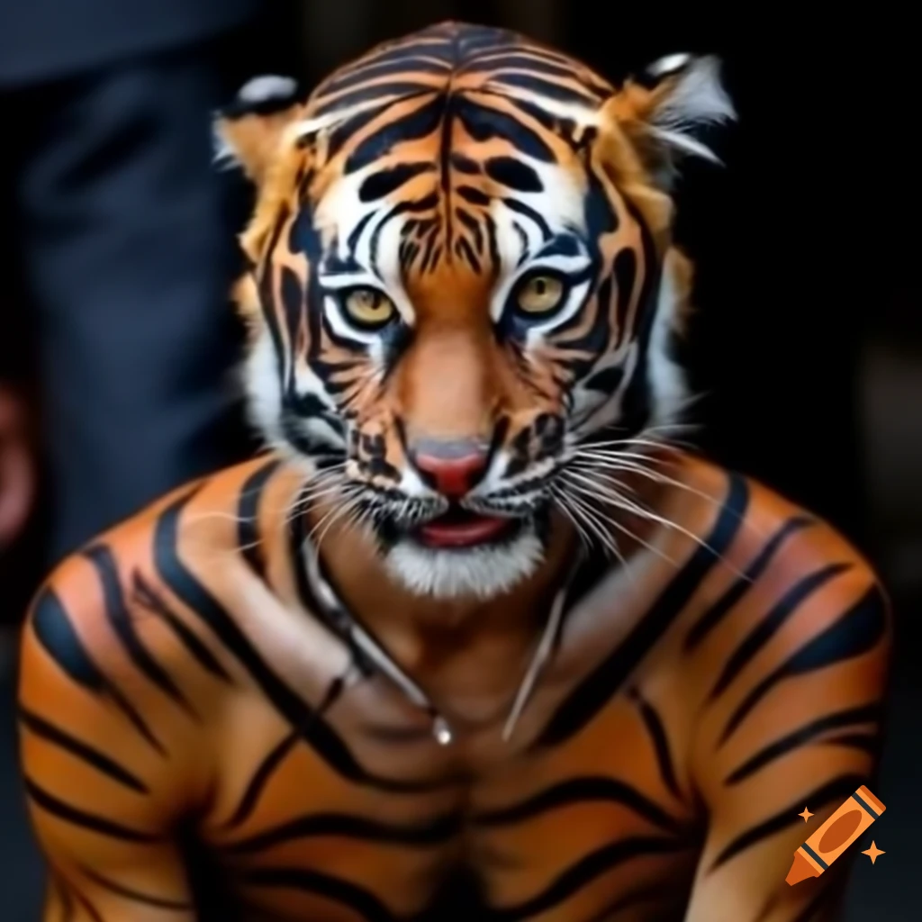 Young man with tiger body paint dancing in Indian parade on Craiyon
