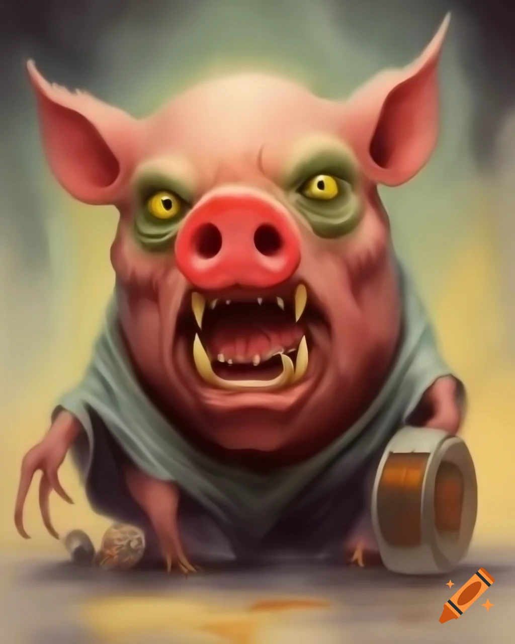 Scary red-green pig monster with yellow eyes and diabolic grin on Craiyon
