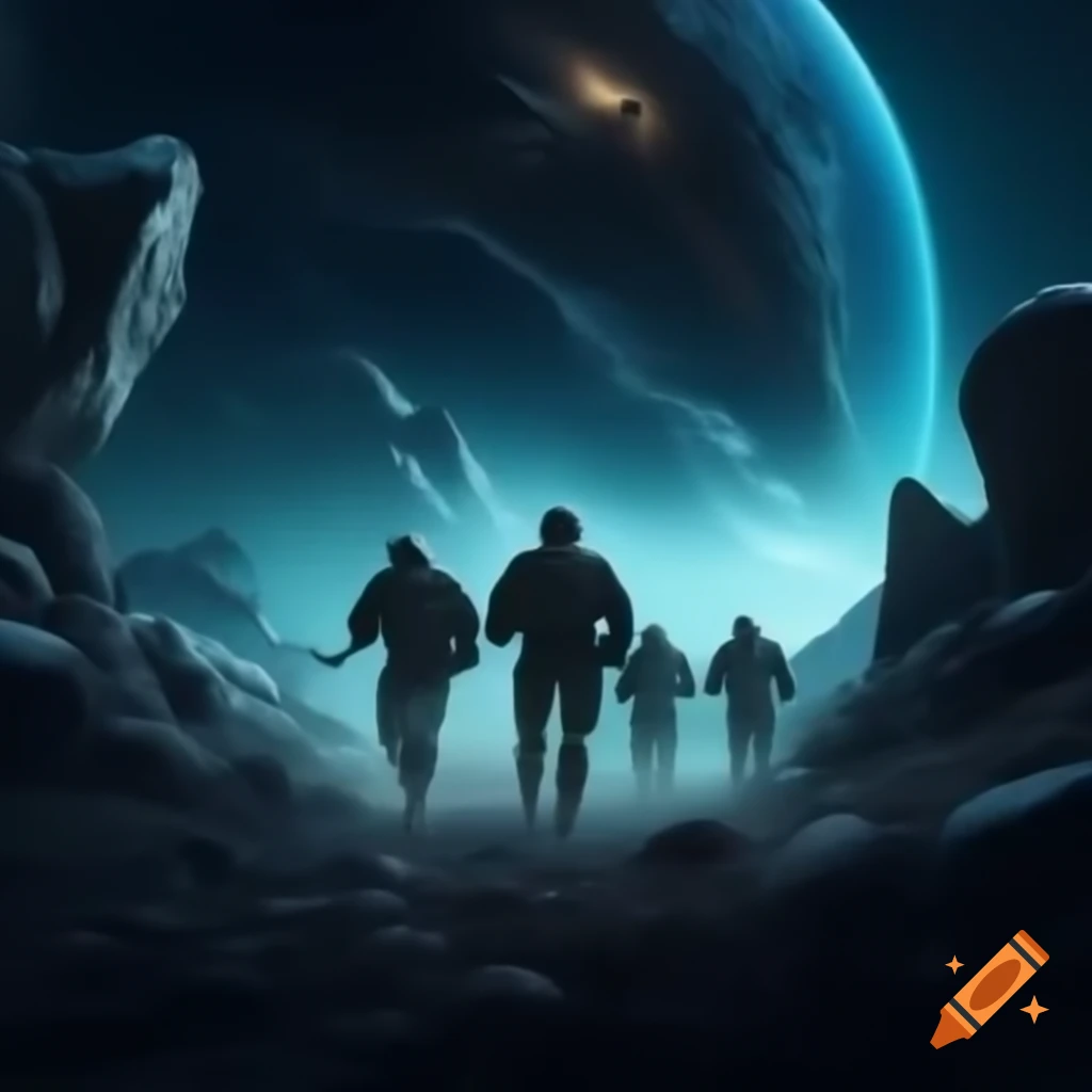 Soldiers running on alien planet with stalagmites and rocks at night on ...