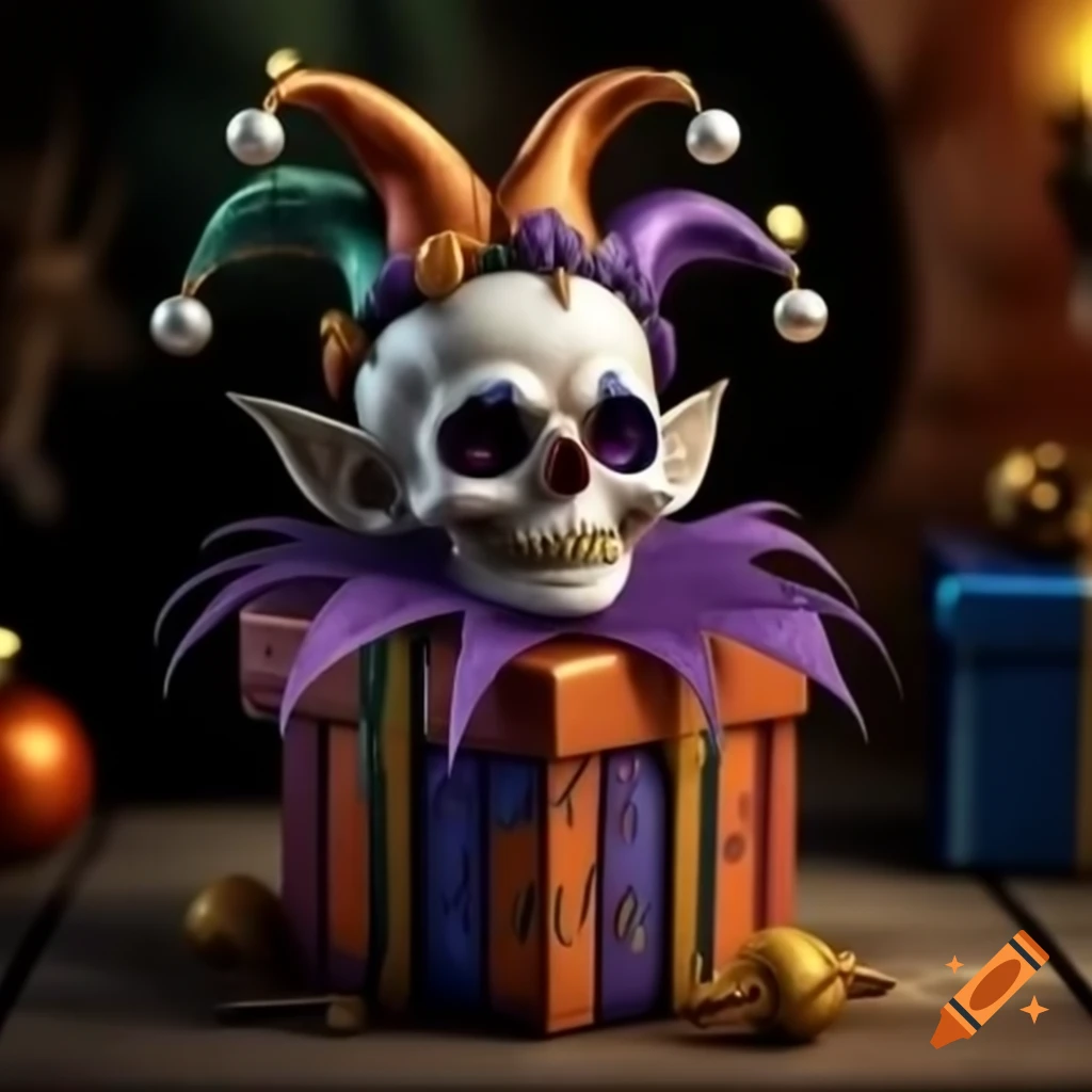 Whimsically macabre gift box with jester's motley and skull motifs on ...