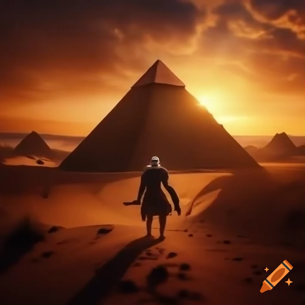 Viking warrior silhouetted against sahara sunset and ancient pyramid on ...