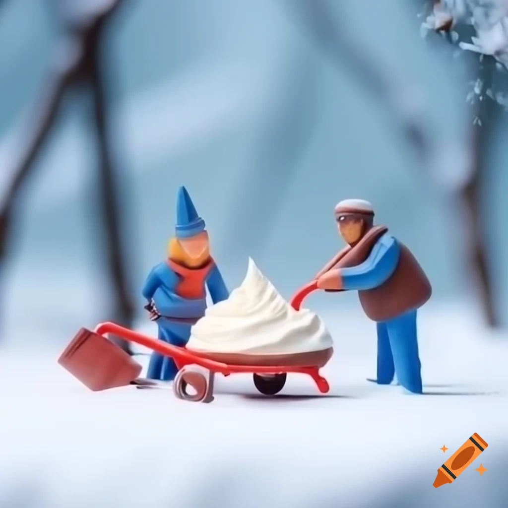 Miniature workers interacting with snowy whipped cream on a cake ...