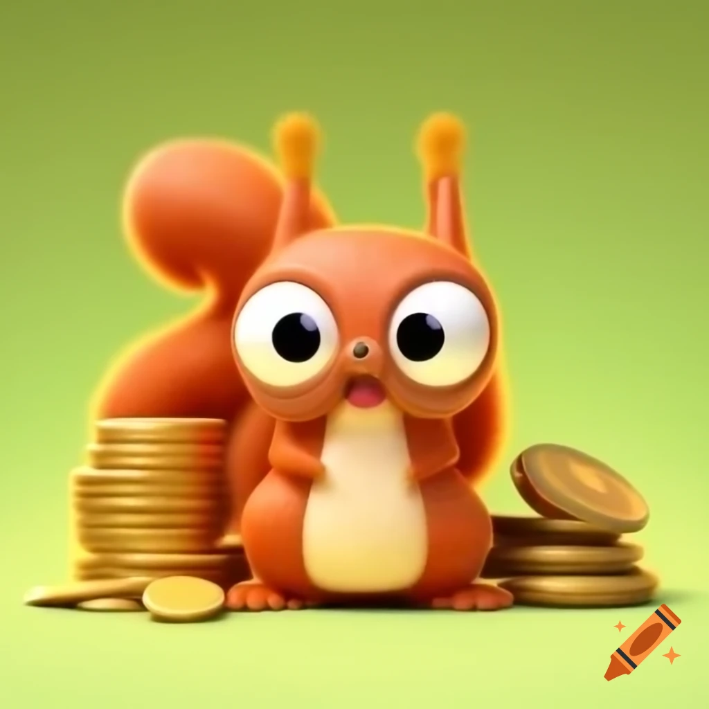 Goofy cartoon squirrel with expressive eyes holding a golden coin, meme ...