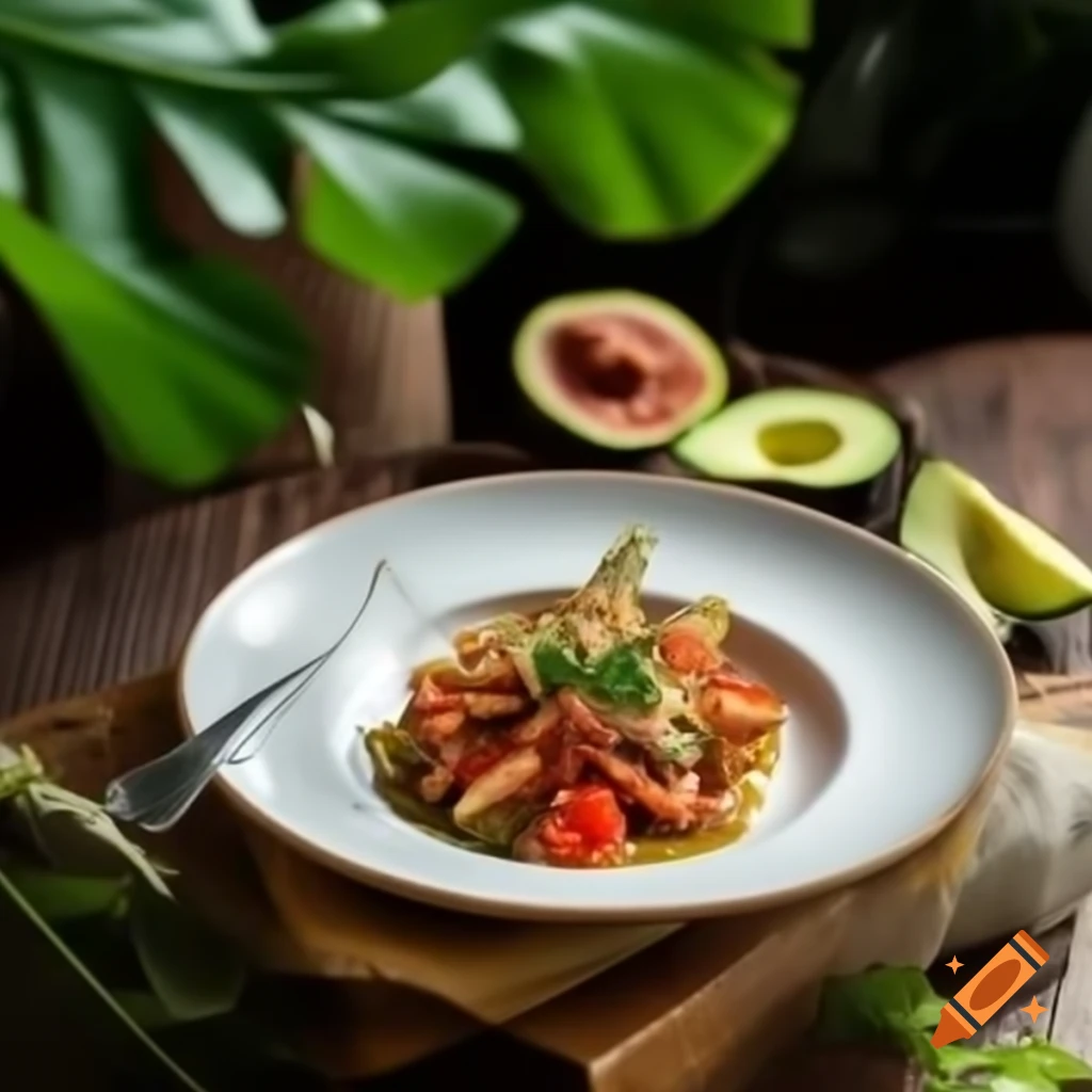 Vibrant Caribbean dish of Green Fig and Saltfish on white ceramic plate ...