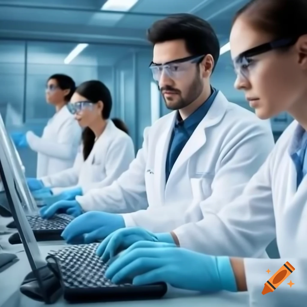 Group of scientists collaborating at a computer in a chemistry ...