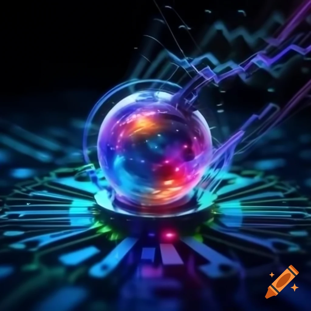 Abstract representation of computer data flowing into a colorful orb on ...