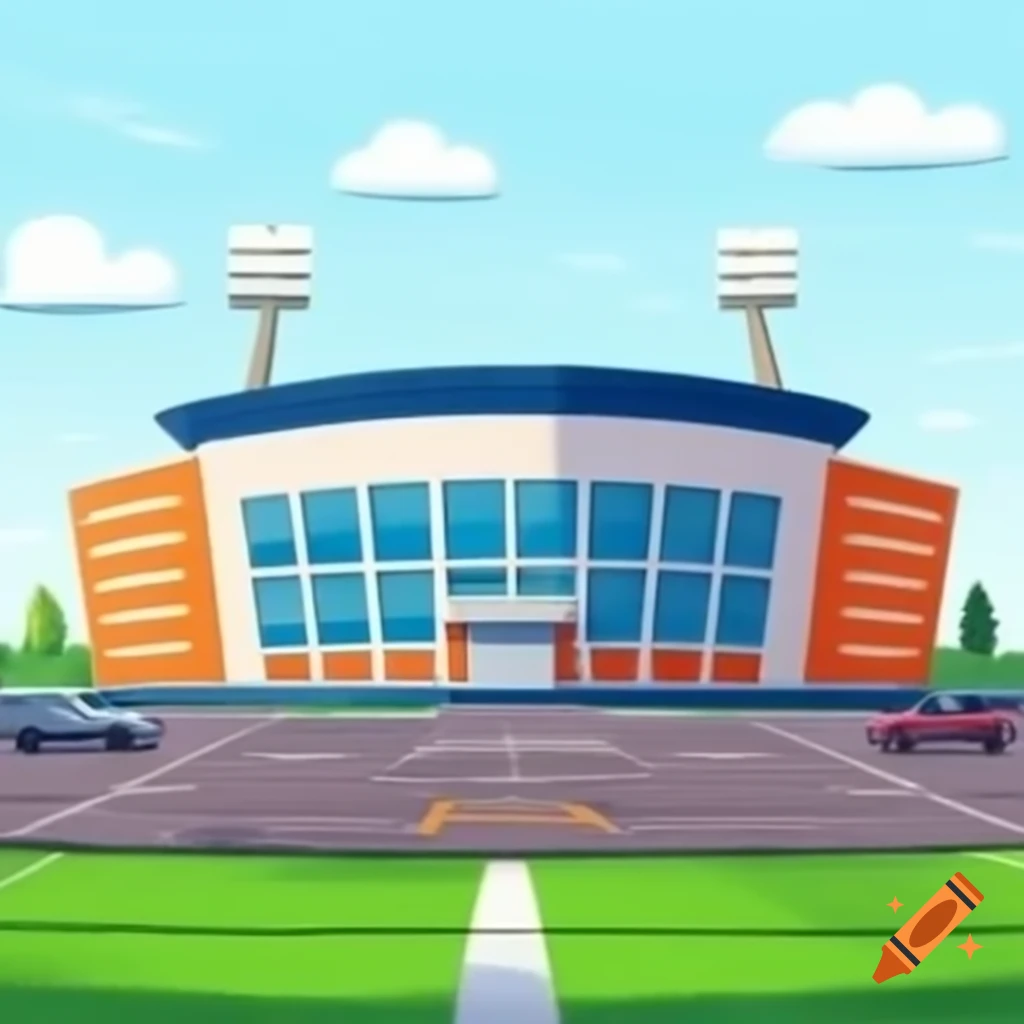 Cartoon exterior of football stadium with parking lot on Craiyon