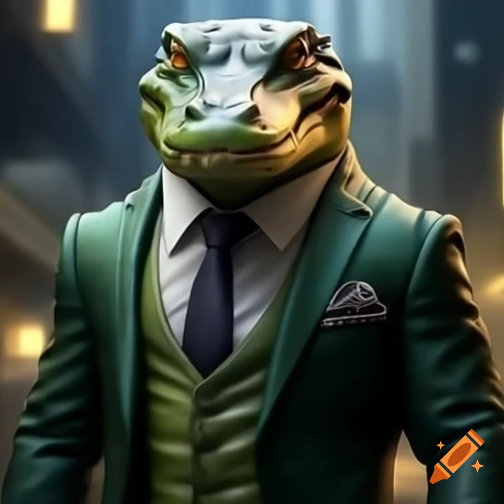 Crocodile in green suit aiming to succeed in anime business on Craiyon