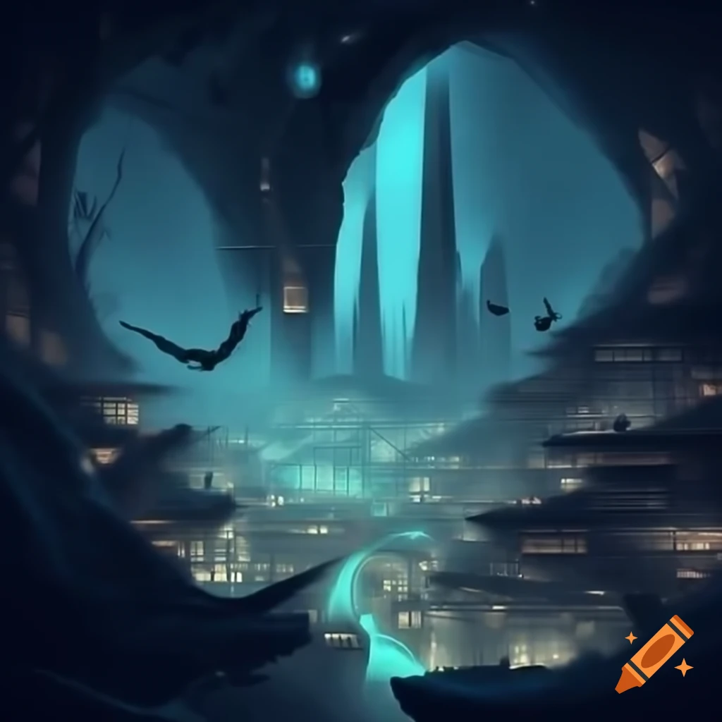 Futuristic city with intelligent bats as dominant species, vertical ...