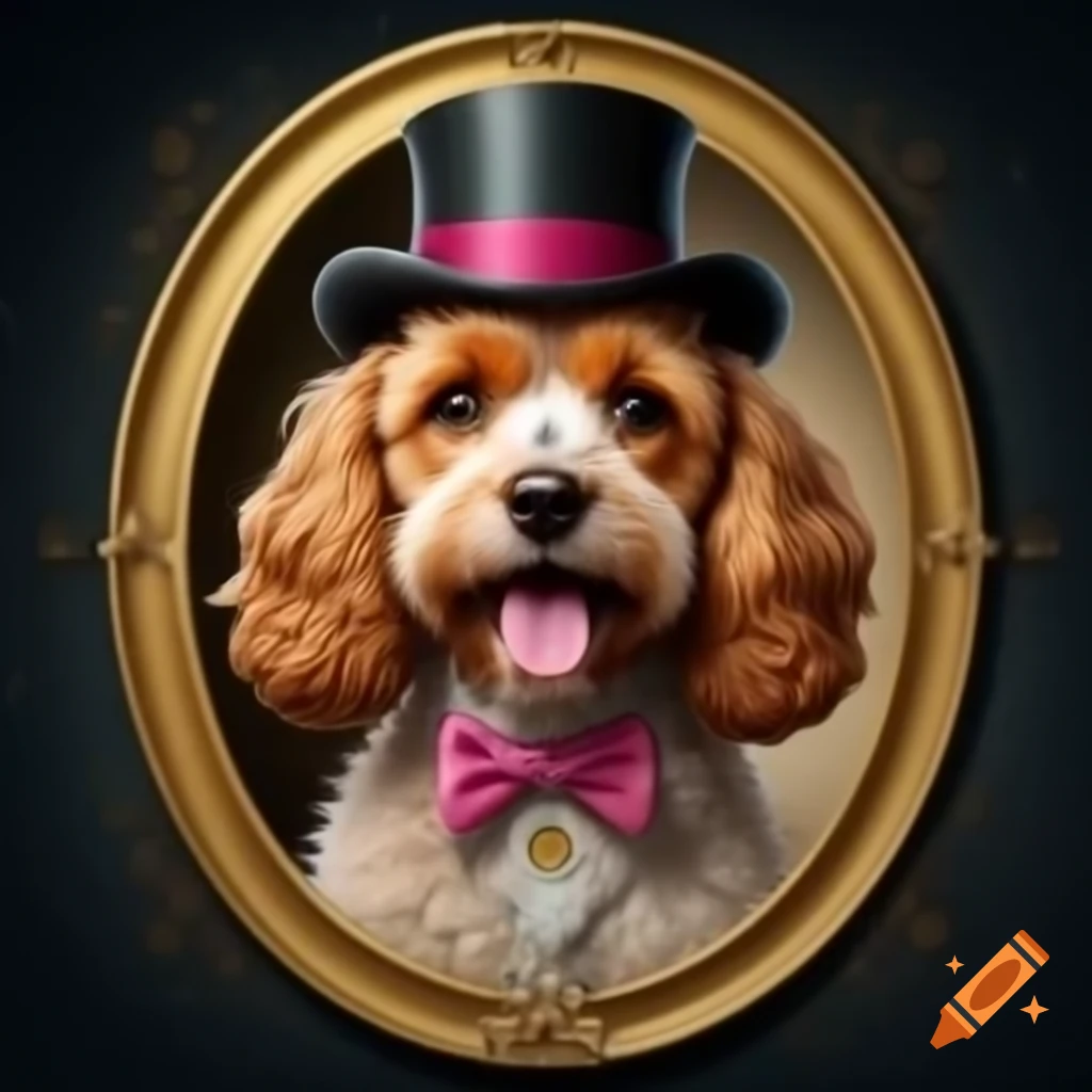 Charming cockapoo dressed in suit and top hat with pink feather in gold ...