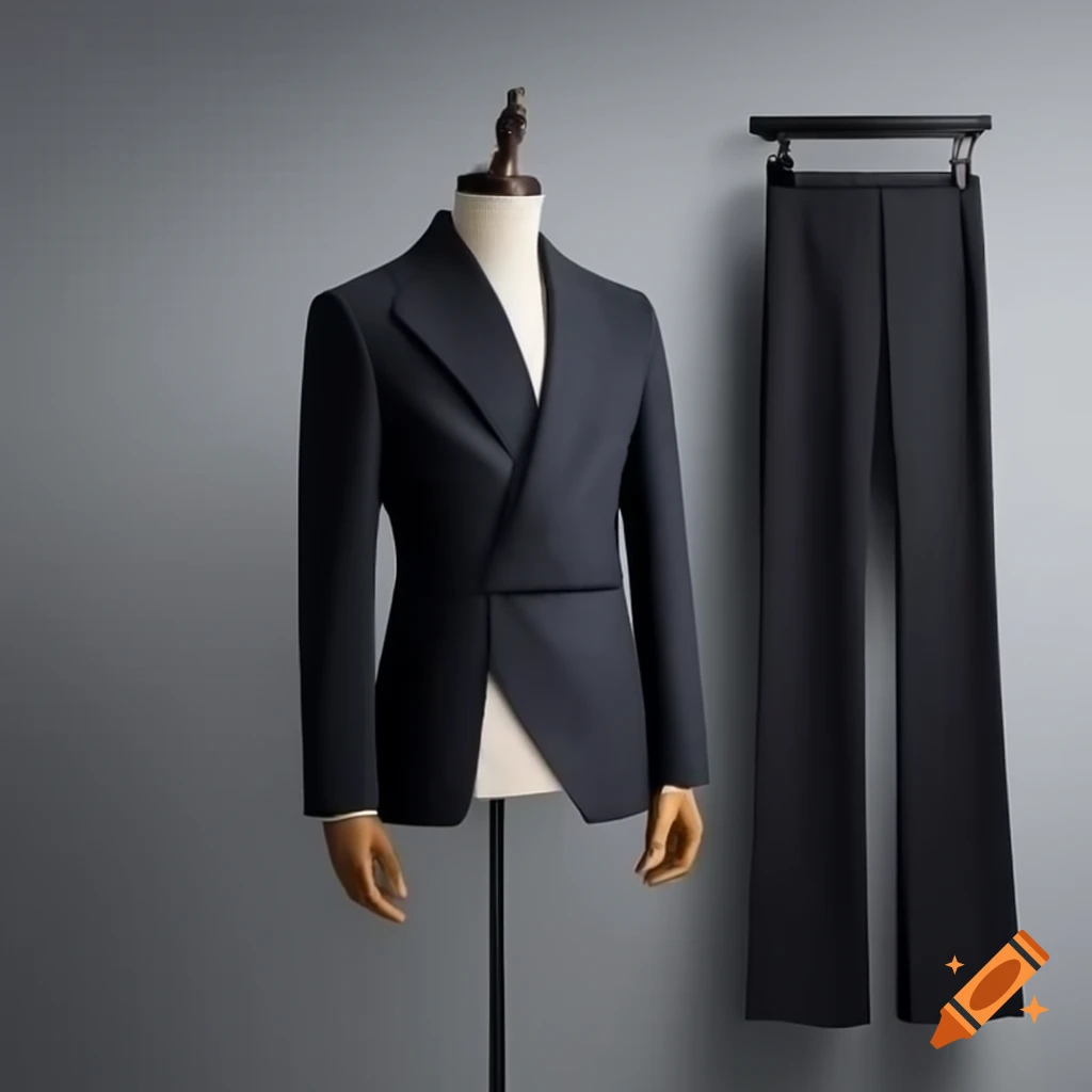 Men's suit design featuring asymmetrical jacket and long pants on mannequin on Craiyon