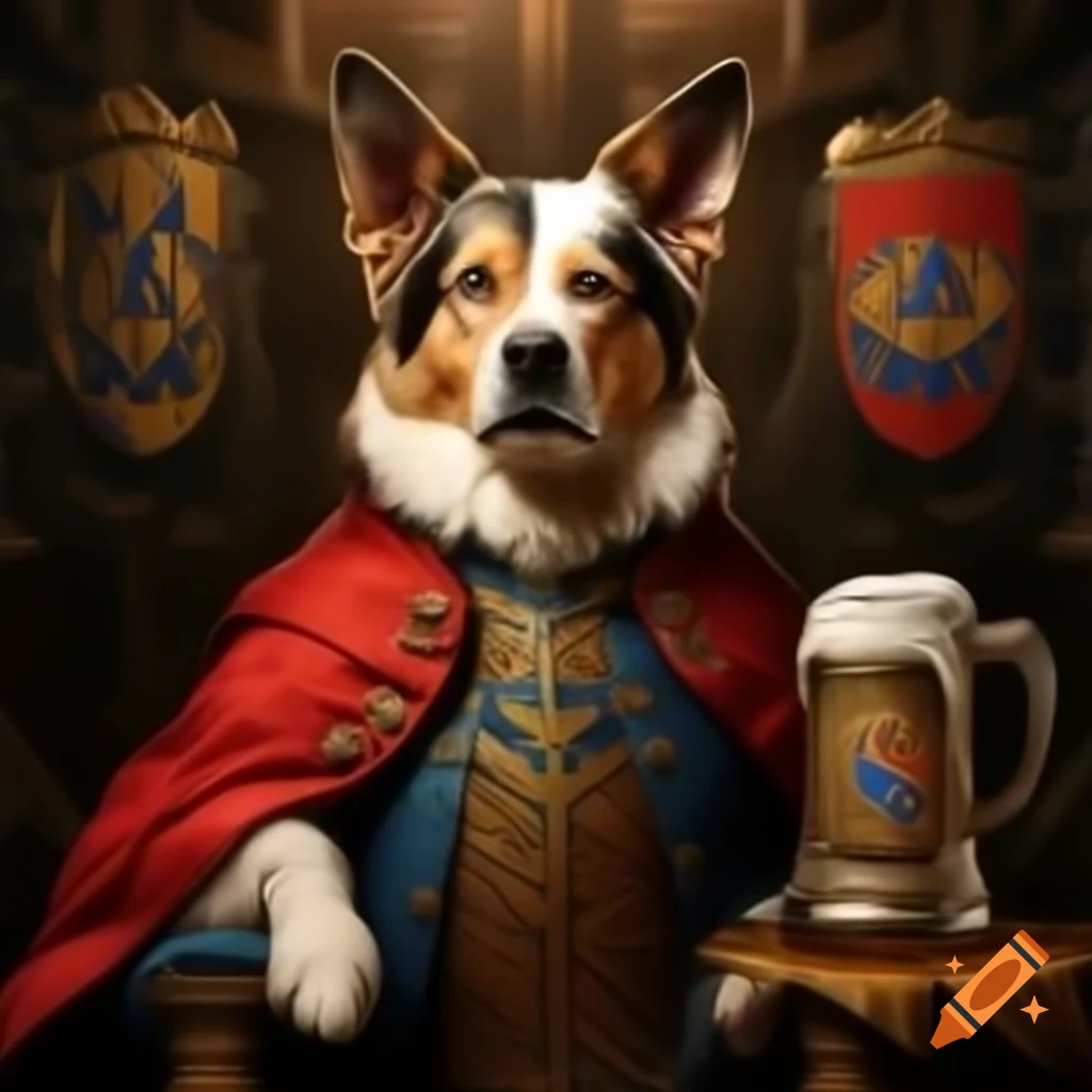 Heraldic emblem featuring loyal dog and frothing beer stein in rich red ...