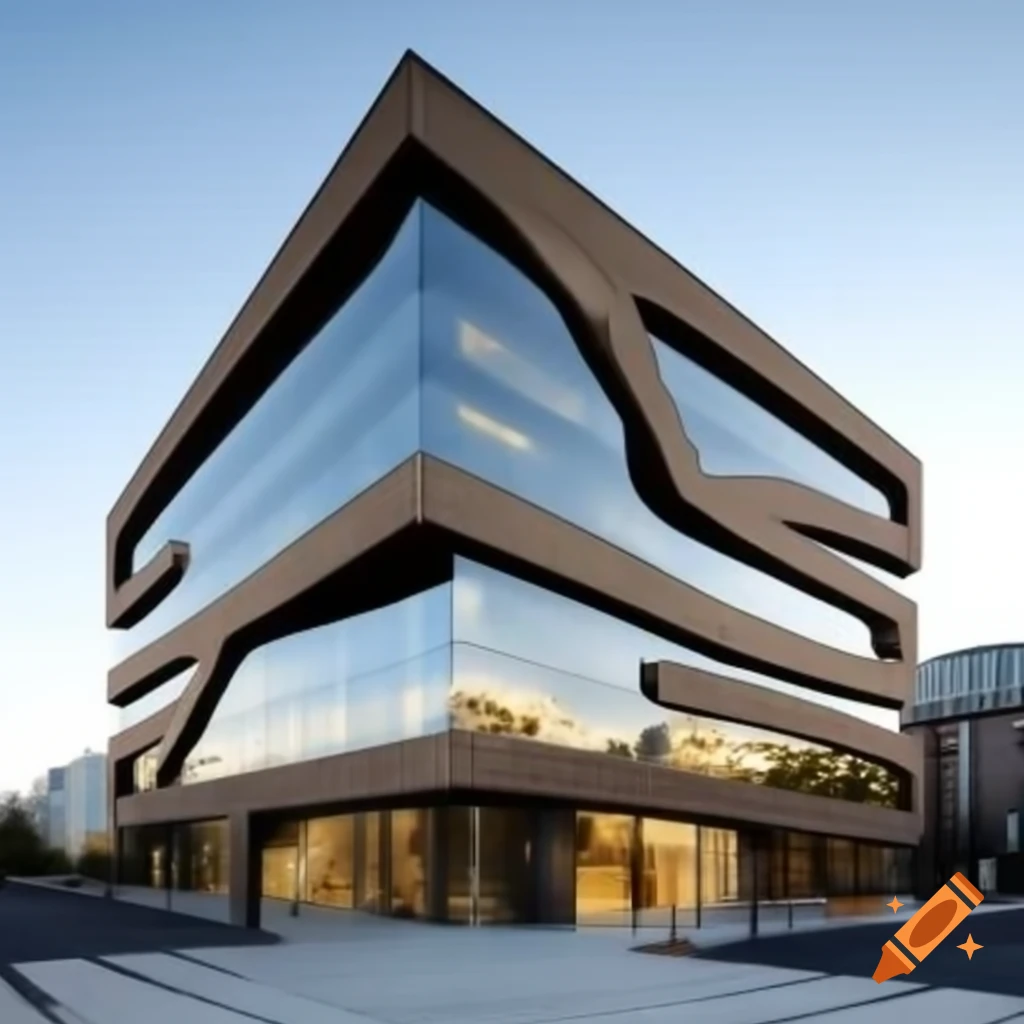 Modern three-storey commercial building with glass facades and timber ...