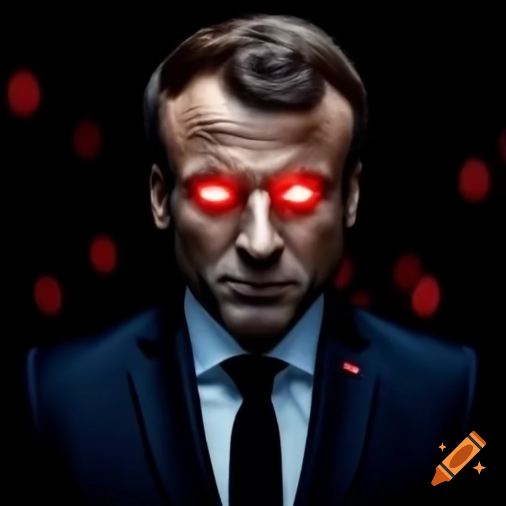 Illustration of President Macron with glowing red eyes on Craiyon