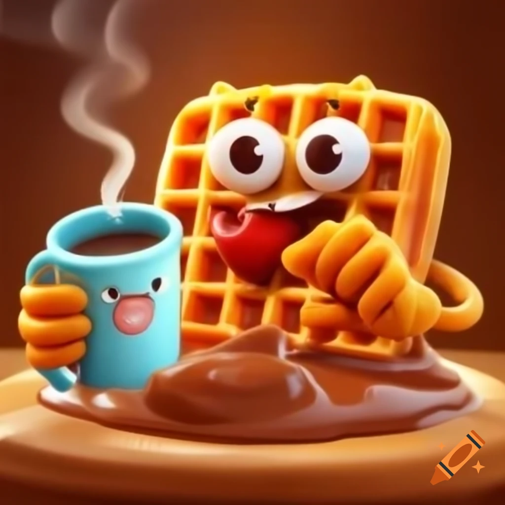 Cartoon of smiling waffle holding hands with steaming chocolate milk on ...