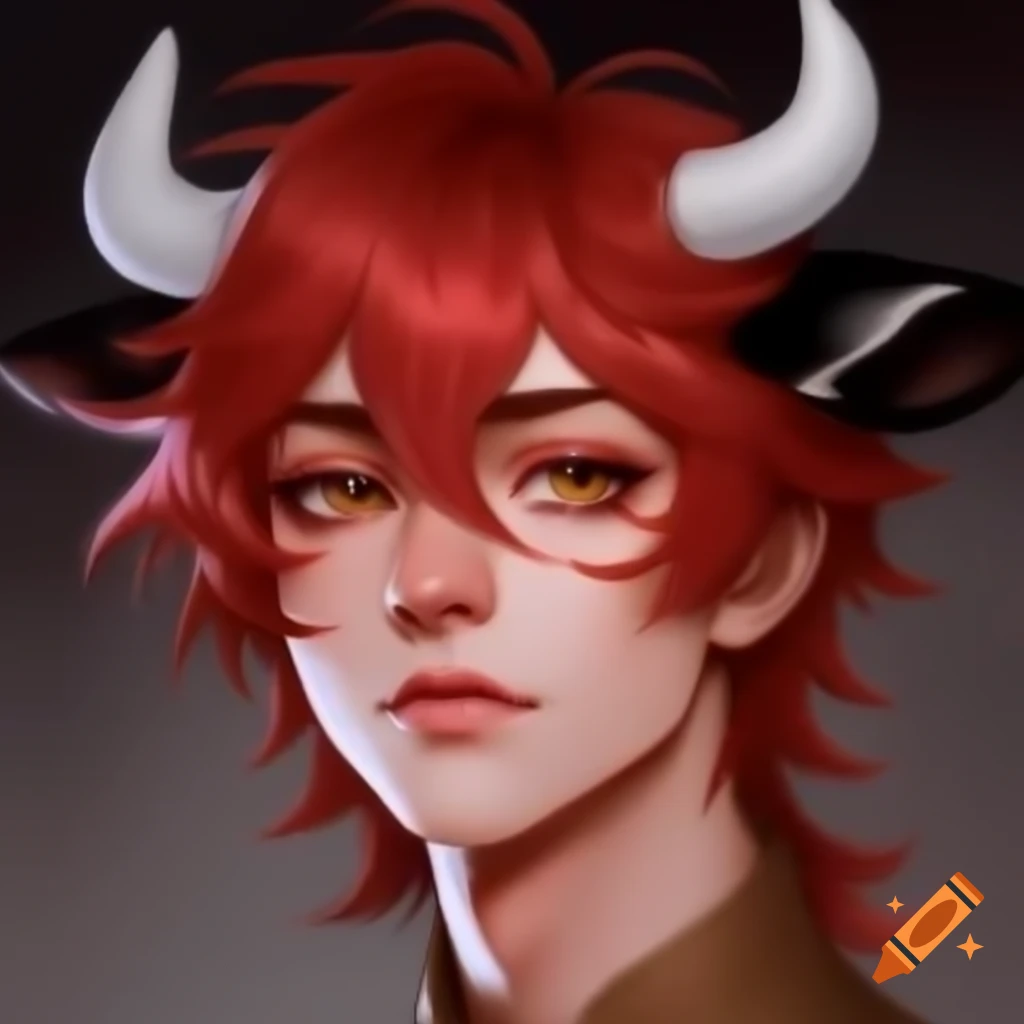 Anime character with tan skin, hazel eyes, cow ears, and fluffy red ...