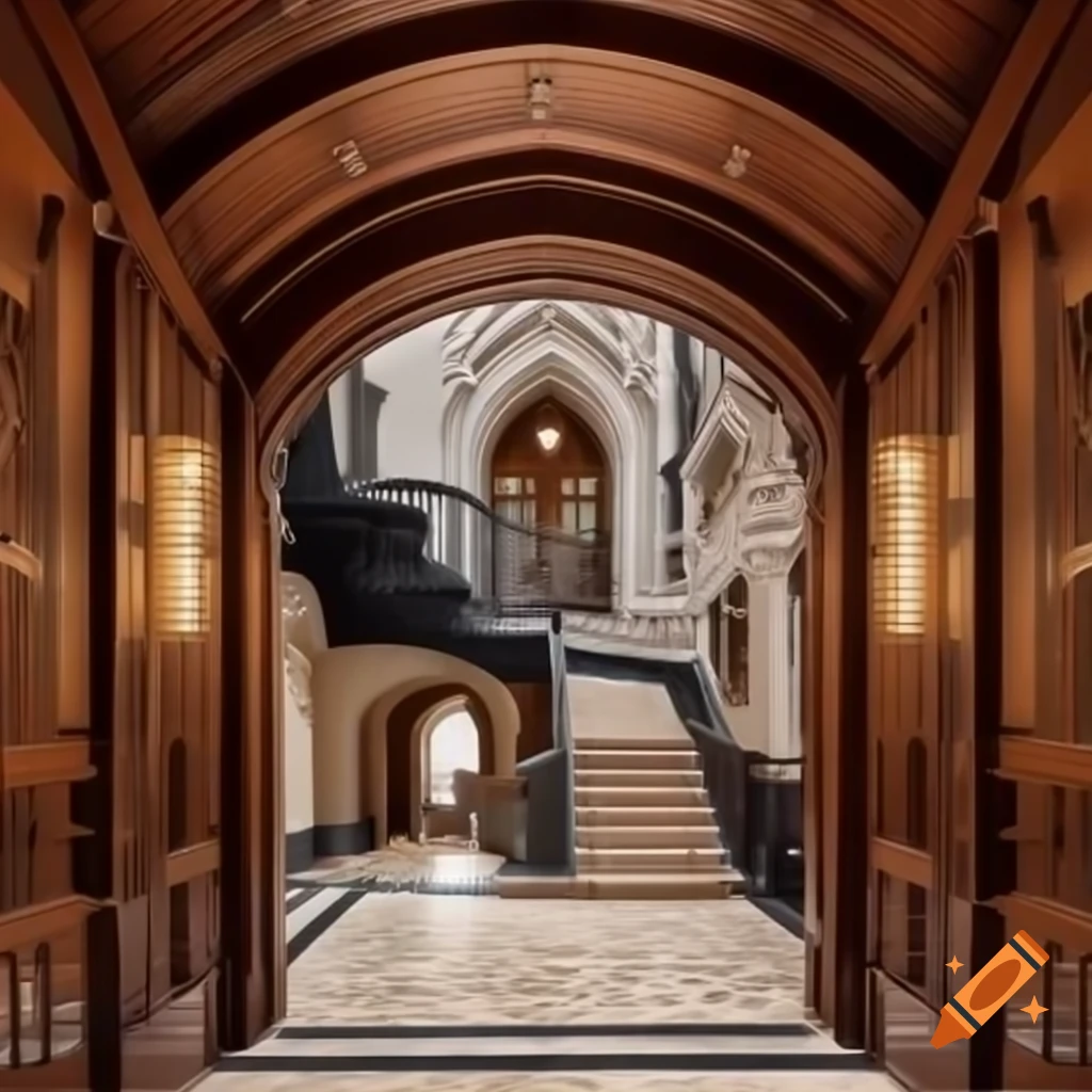 Luxurious gothic castle entrance hall with cobblestone and wood ...