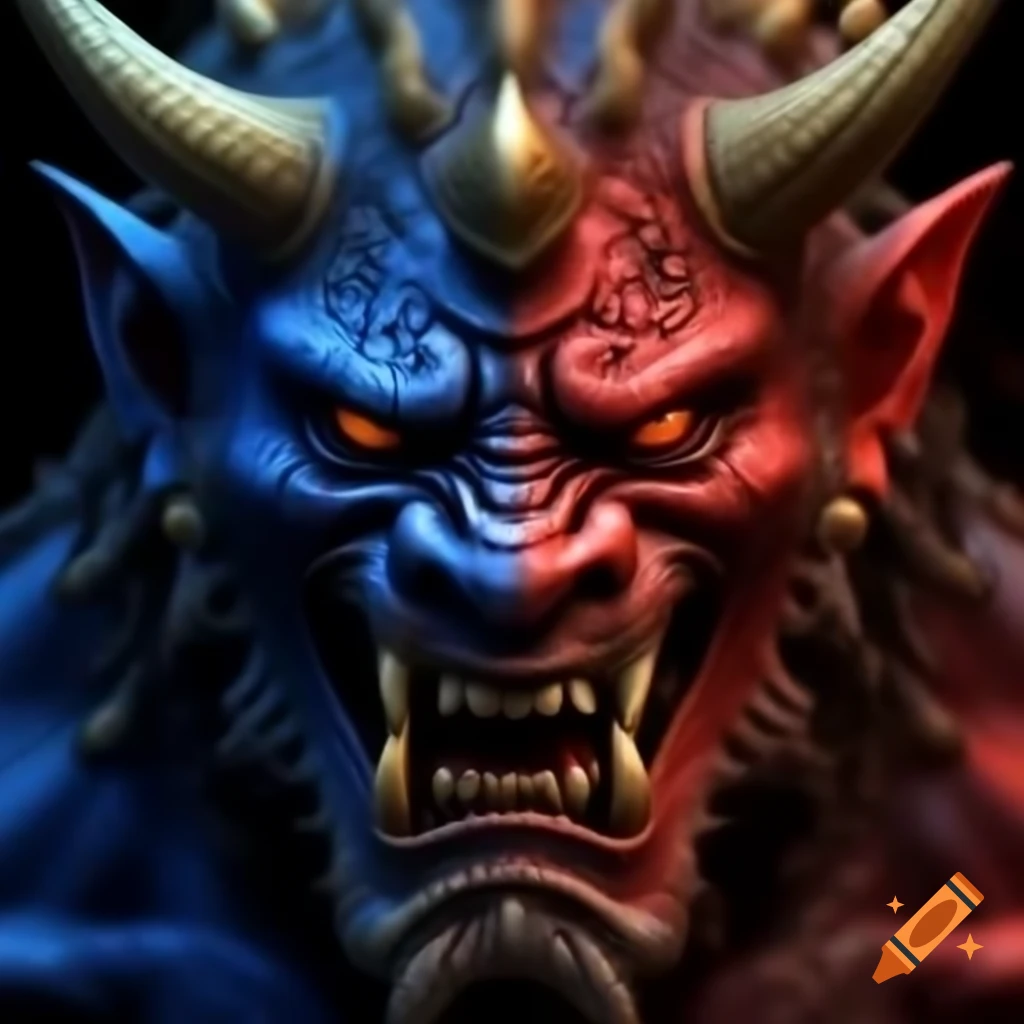 Vibrant oni with split red and blue face wielding white sickles on Craiyon