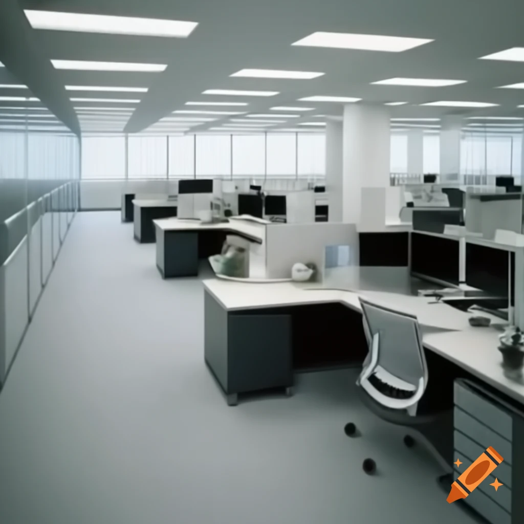 Spacious office with silver walls and central table, anime style on Craiyon