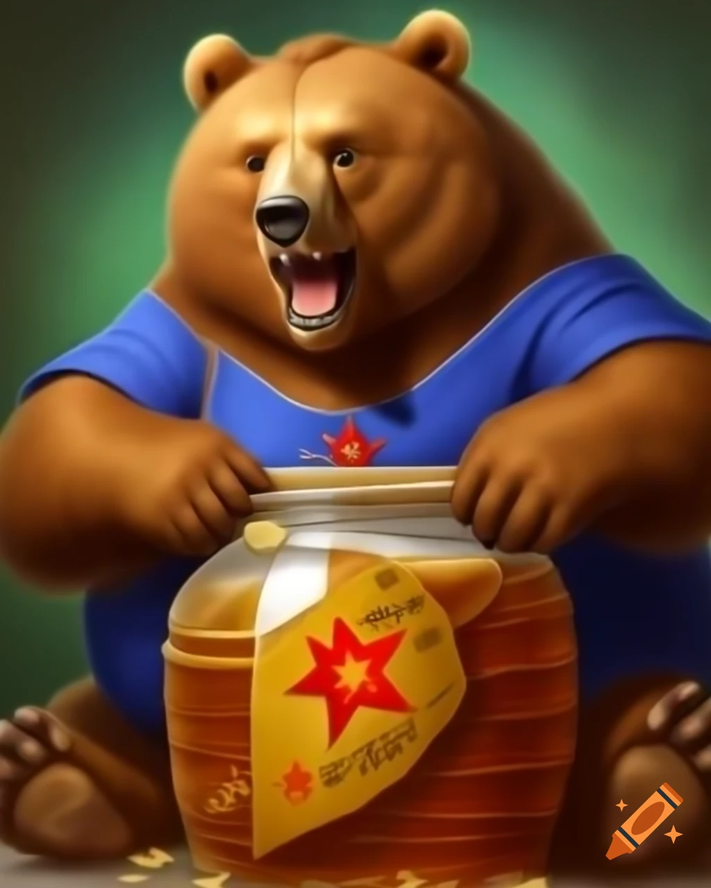 Whimsical bear illustration reminiscent of vladimir putin, grinning and ...